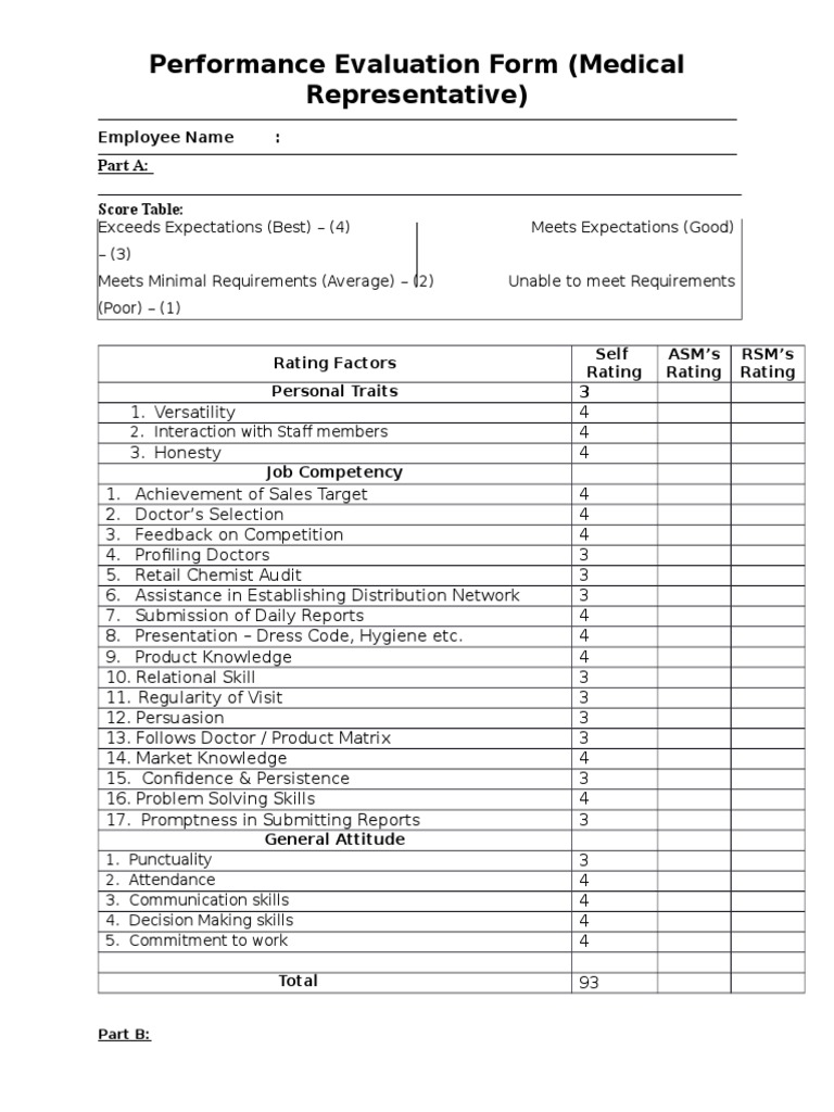 Performance Evaluation Form (Medical Representative) : Part A: Score ...