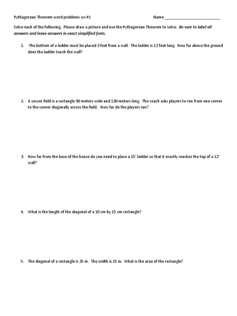 Pythagorean Theorem Word Problems | PDF