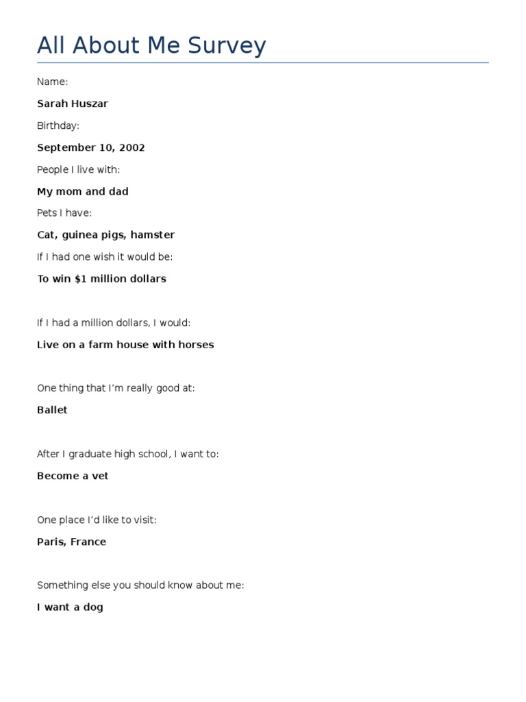 All About Me Survey For Home Page | PDF