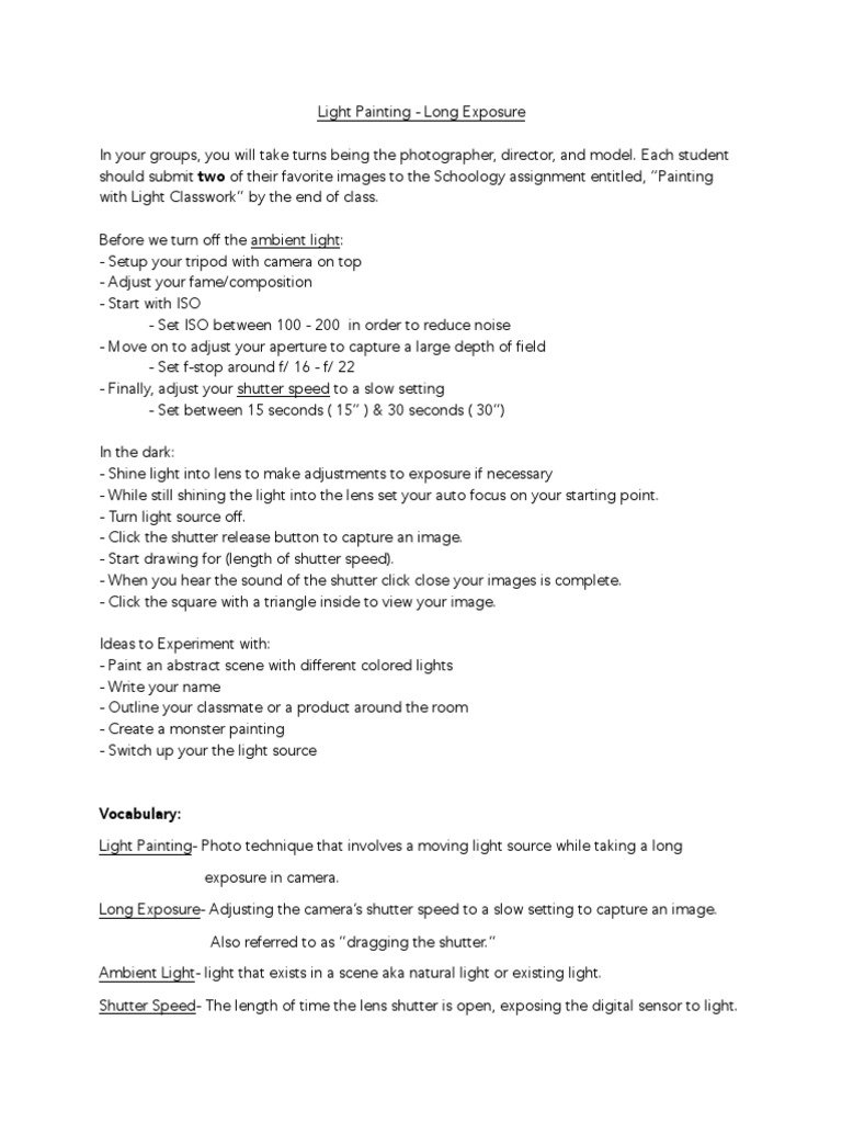 Painting With Light Handout | PDF | Shutter Speed | Camera