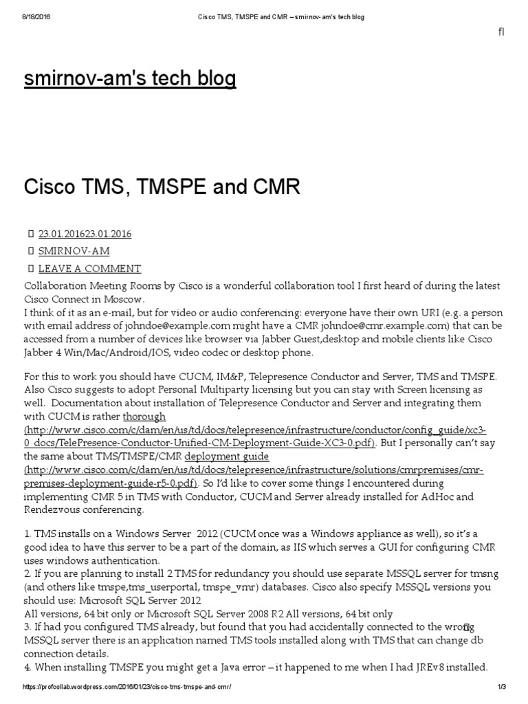 Cisco TMS, Tmspe and CMR | PDF | Microsoft Sql Server | Server (Computing)