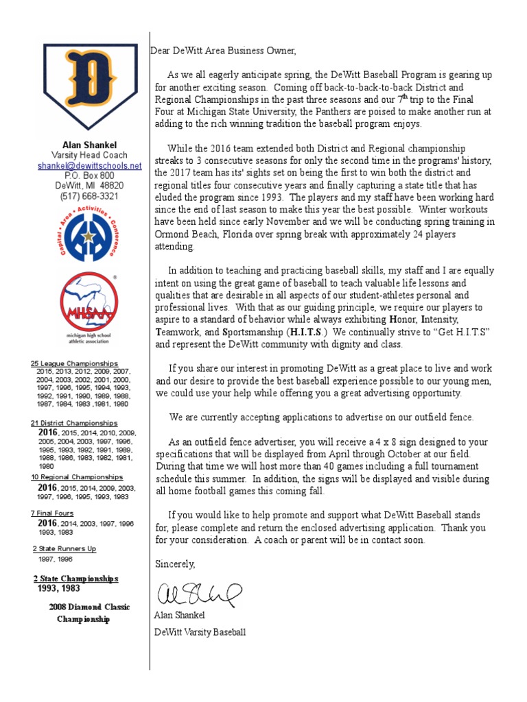 2017 Outfield Sign Advertising Letter | PDF | Sports | Leisure