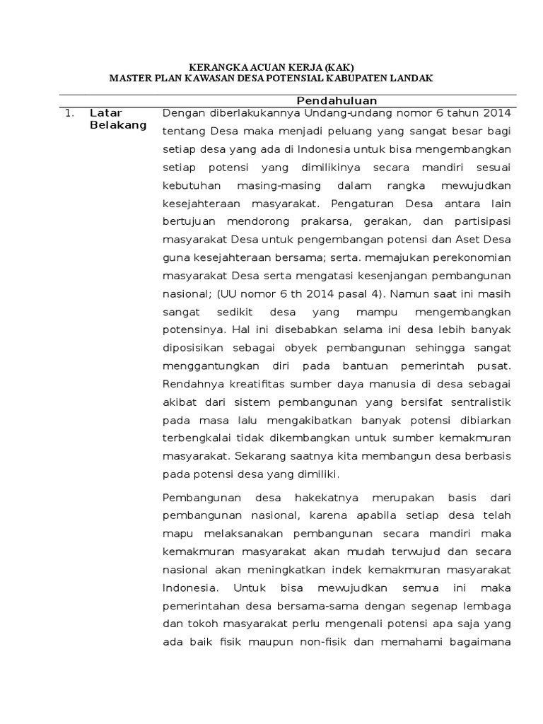 KAK Master Plan Kawasan Desa Potensial Kab. Landak Ok | PDF | Pengelolaan Keuangan & Uang