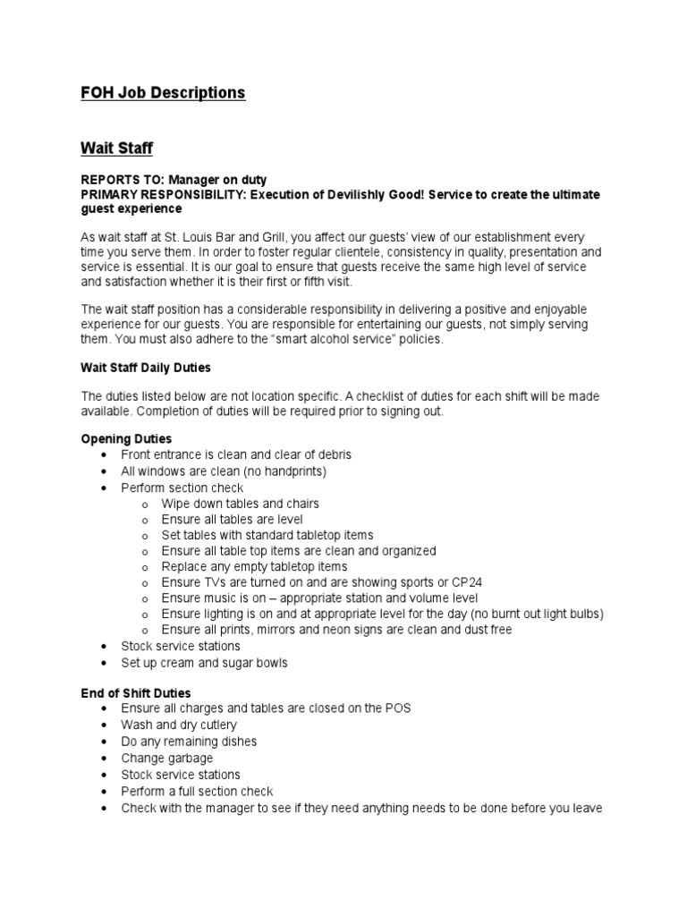 Job Descriptions | PDF | Bar | Dishwasher