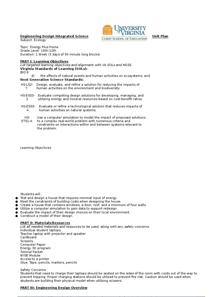 Engineering Design Integrated Science Unit Plan: List Targeted Learning ...