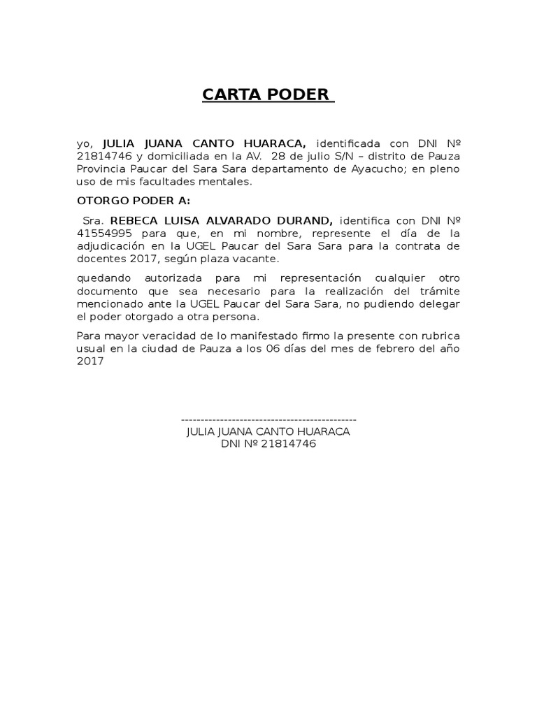 Carta Poder Ugel | PDF | Gobierno y personalidad