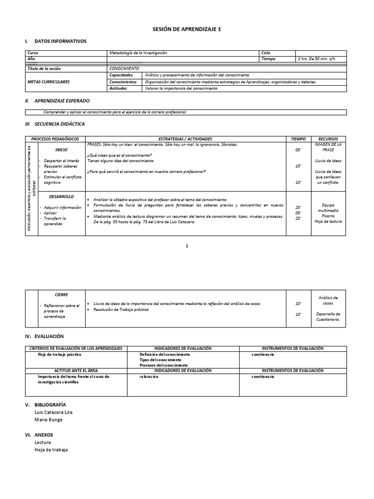 Formato Sesion de Aprendizaje 1 | PDF | Aprendizaje | Conocimiento