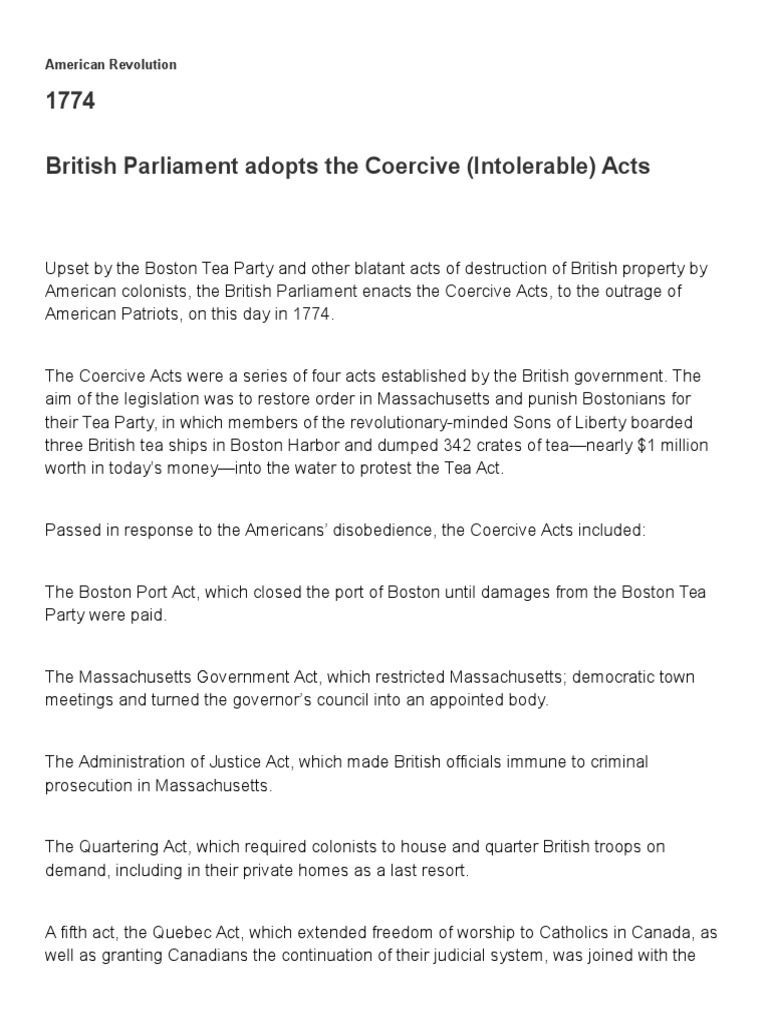 1774 British Parliament Adopts The Coercive (Intolerable) Acts | PDF
