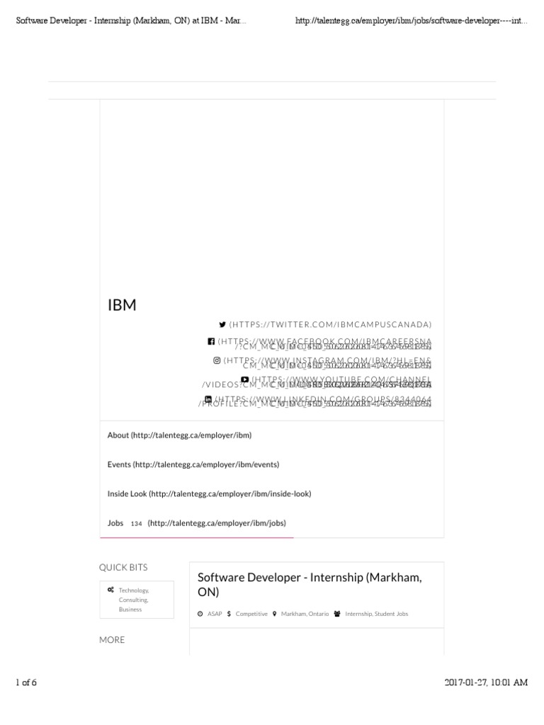 Software Developer - Internship (Markham, On) at IBM - Markham, Ontario ...