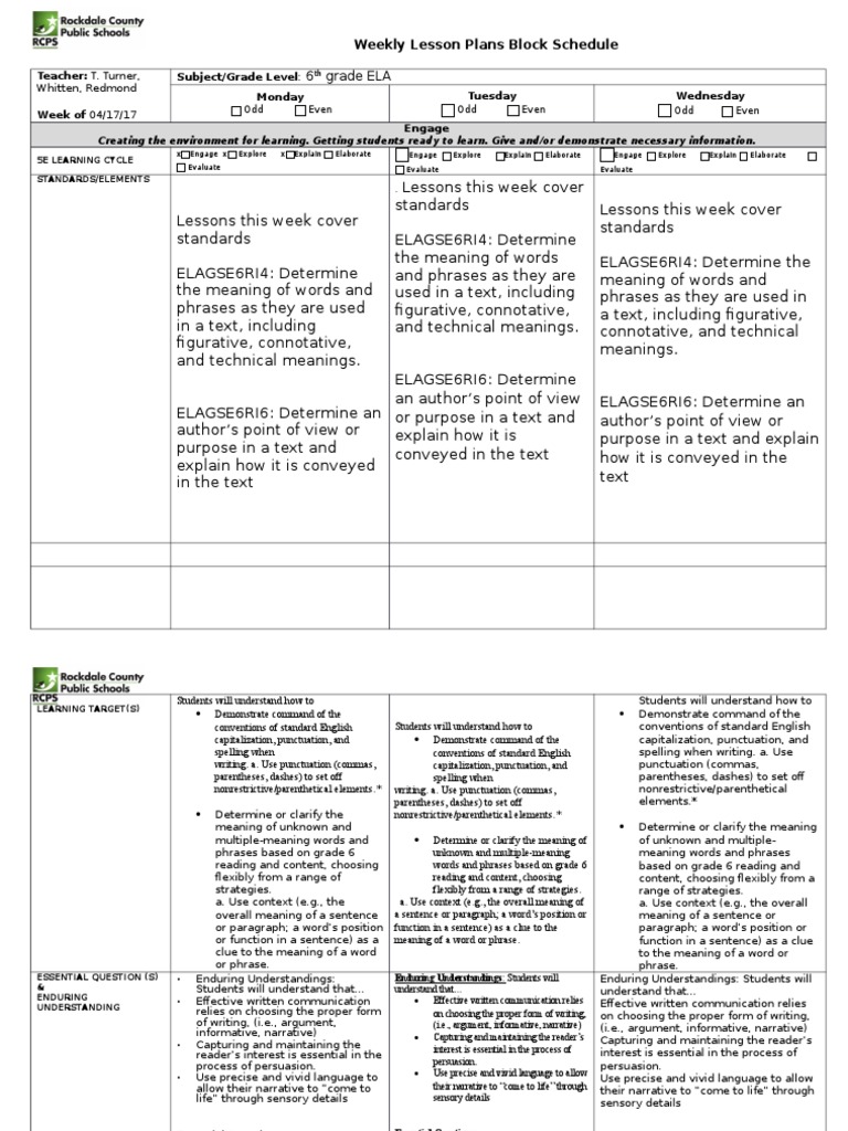 6th Grade ELA Weekly Lesson Plans | PDF | Reading Comprehension | Homework