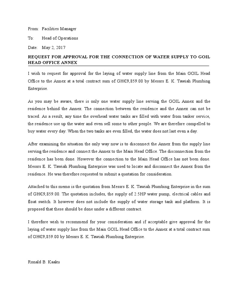 Request For Approval For The Connection of Water Supply To GOIL Head ...