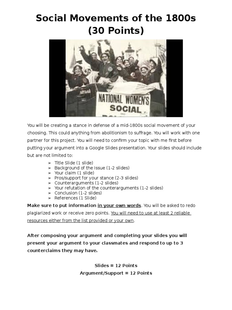 Social Movements of The 1800s (30 Points) | PDF