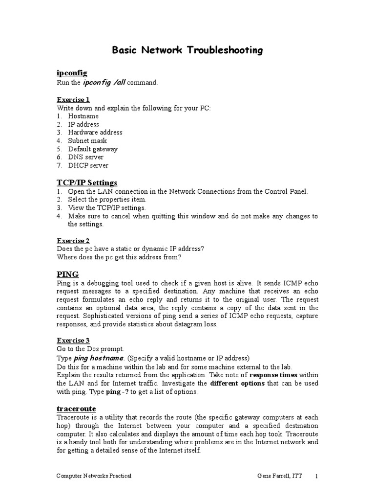 Lab 1 Basic Network Troubleshooting | PDF | Ip Address | Transmission Control Protocol