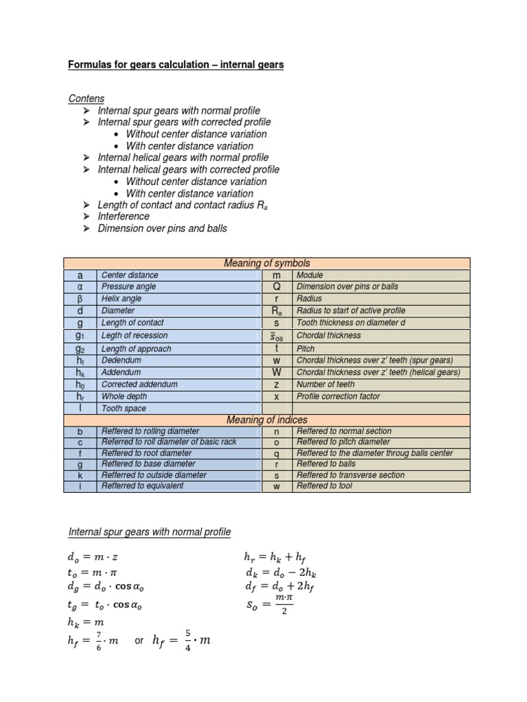 Formulas For Gear Calculation - Internal Gears PDF | Download Free PDF ...