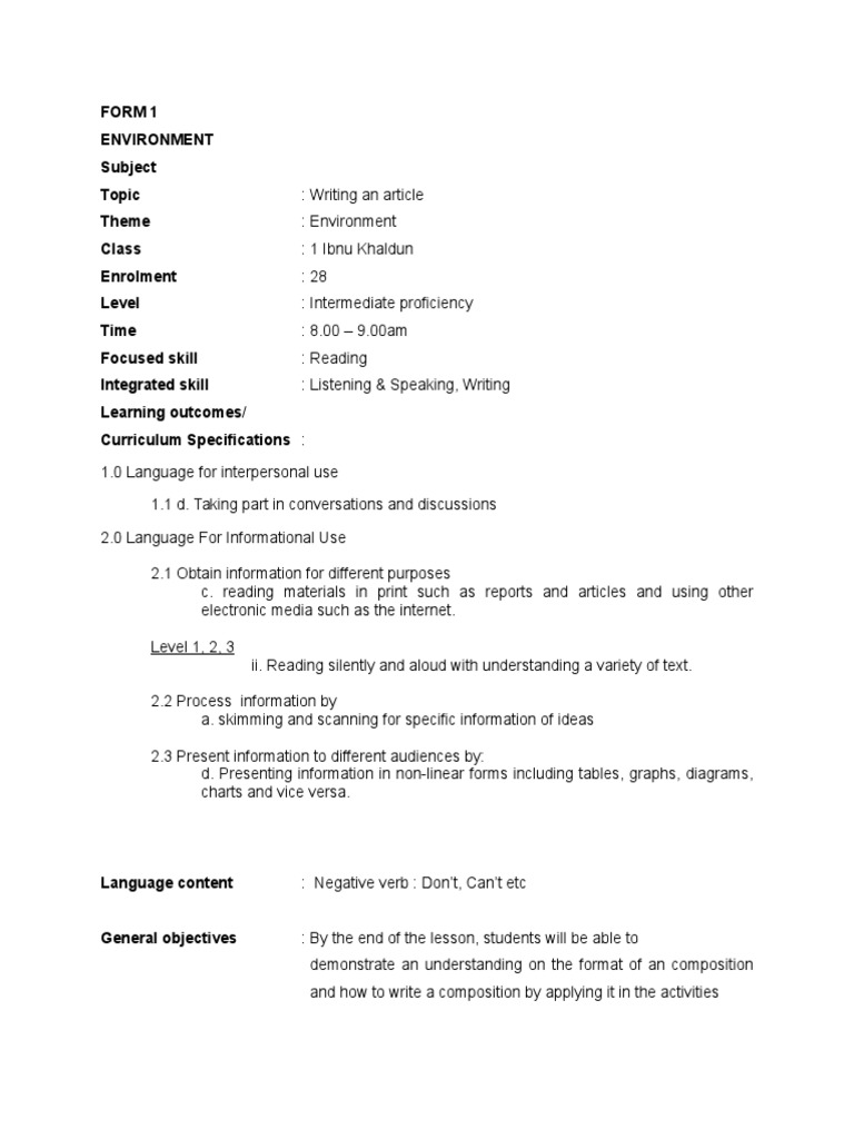 Form 1 Environment Subject Topic Theme Class Enrolment Level Time ...
