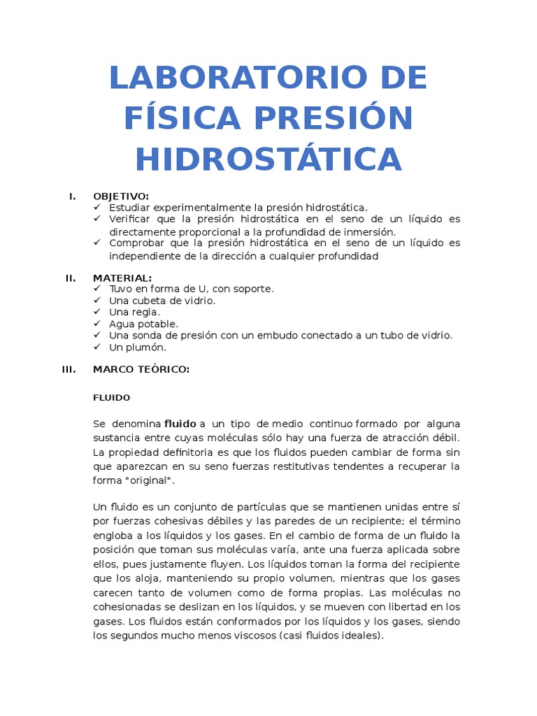 Laboratorio de Física Presión Hidrostática | PDF | Fluido | Presión