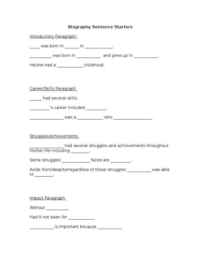 Biography Sentence Starters