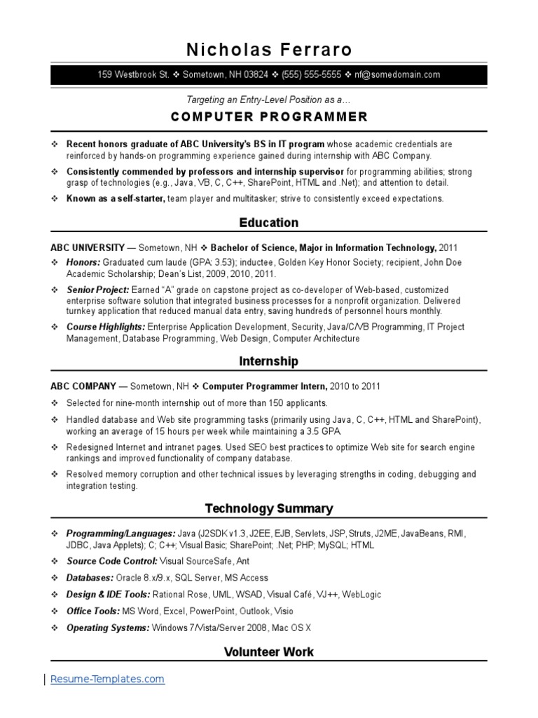 Entry-Level Computer Programmer Resume Highlighting Academic Credentials, Hands-On Experience ...