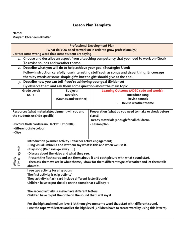 Lesson Plan Template: Learning Outcome (ADEC Code and Words) | PDF ...