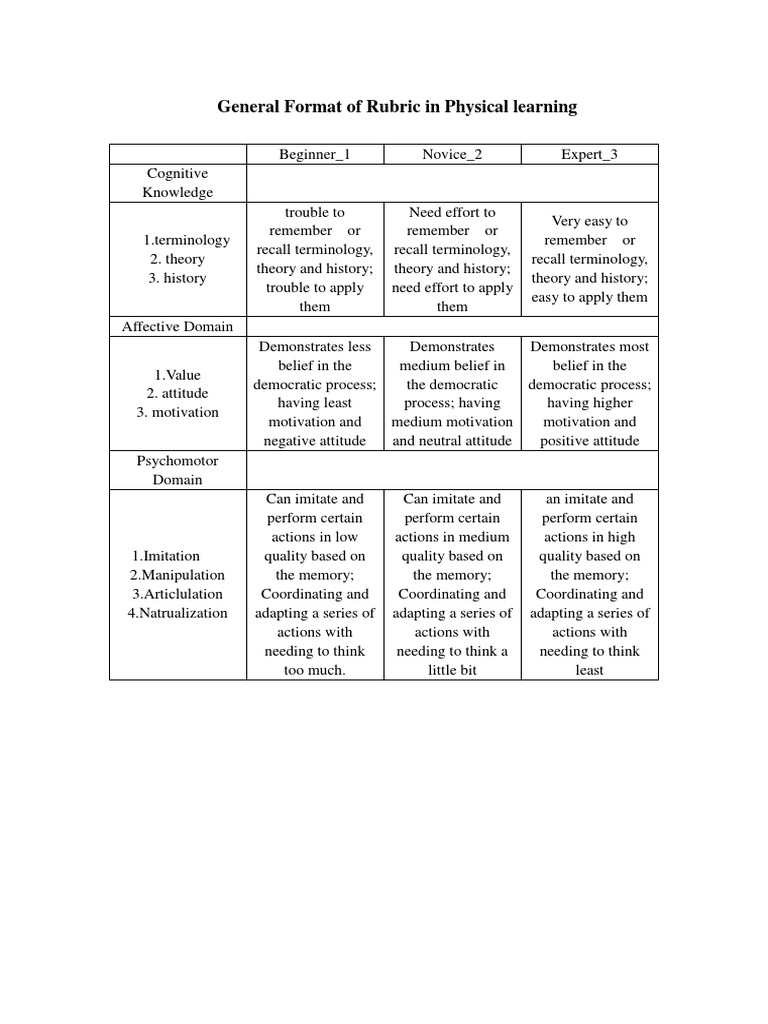General Format of Rubric in Physical Learning | PDF