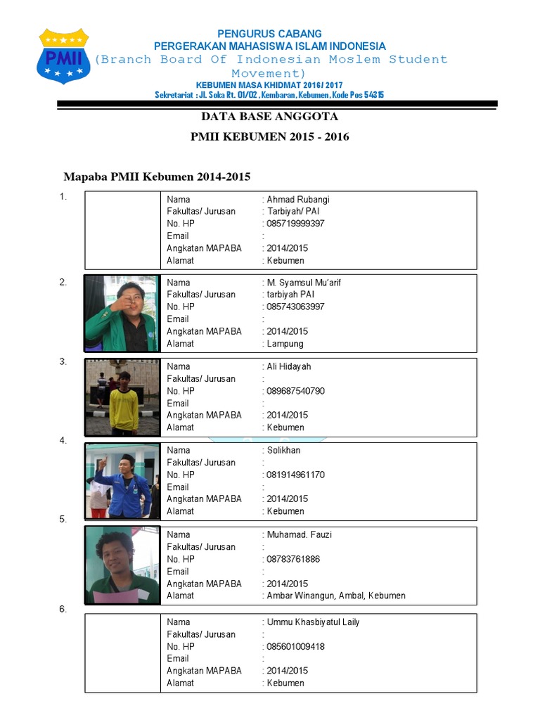 Database Anggota PMII Kebumen 2016 | PDF | Karier & Perkembangan