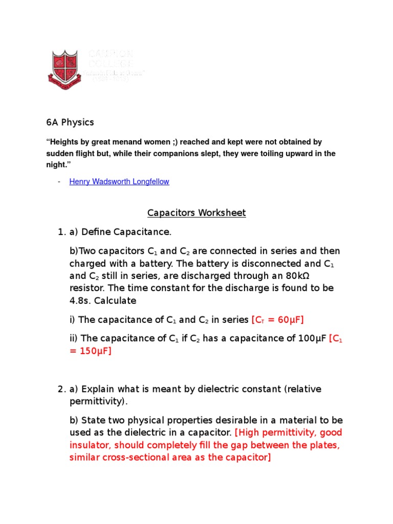 6A Capacitors Worksheet 2016 | PDF | Capacitor | Series And Parallel ...