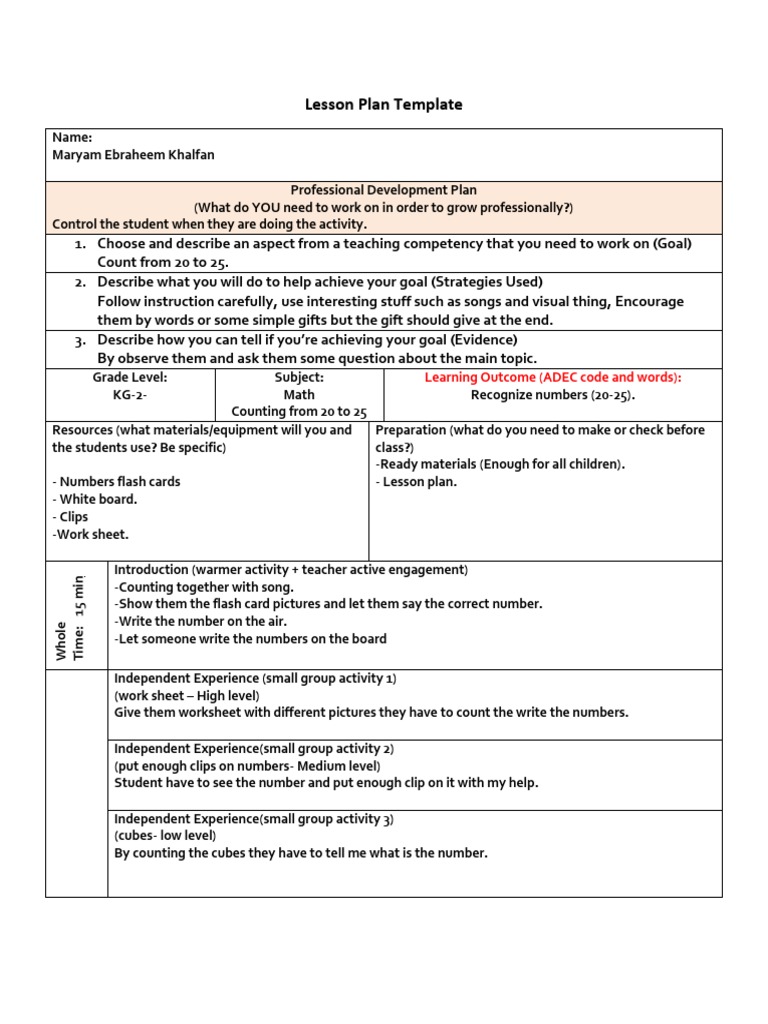 Lesson Plan Template: Learning Outcome (ADEC Code and Words) | PDF ...