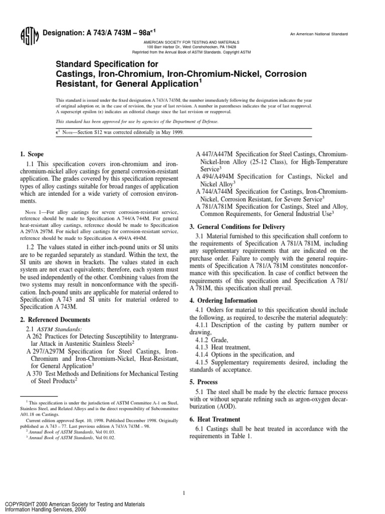 Astm A743 PDF | PDF | Heat Treating | Steel