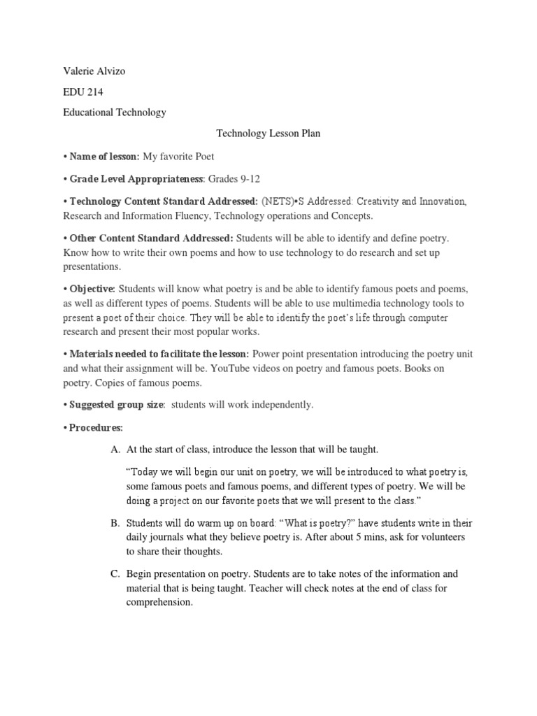 Technology Lesson Plan | PDF | Poetry | Lesson Plan