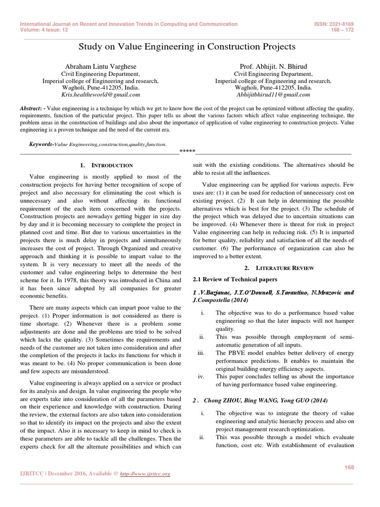 Study On Value Engineering in Construction Projects | PDF