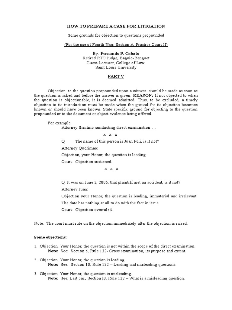 Some Grounds For Objection | PDF | Objection (Law) | Cross Examination