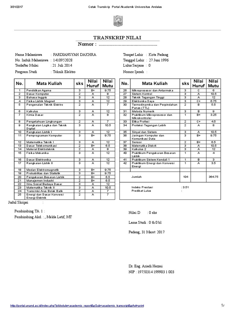 Cetak Transkrip - Portal Akademik Universitas Andalas | PDF