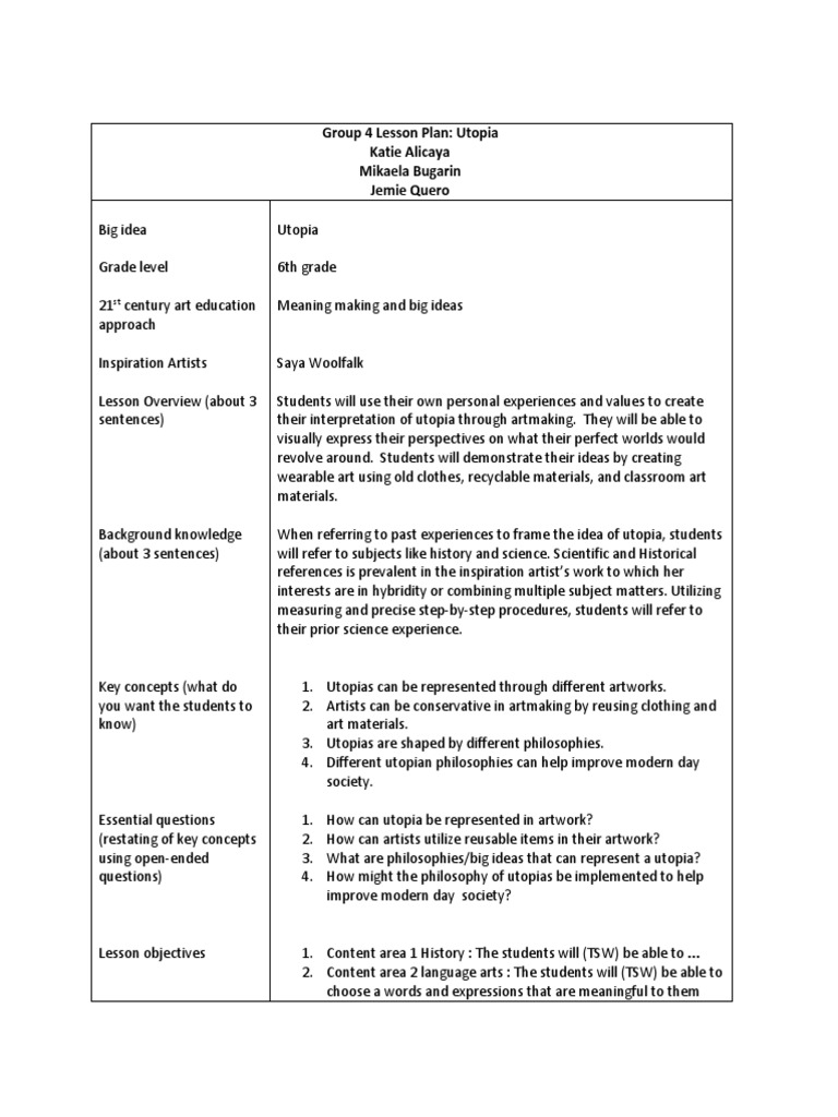 6th Grade Utopia Art Lesson Plan | PDF | Educational Assessment ...