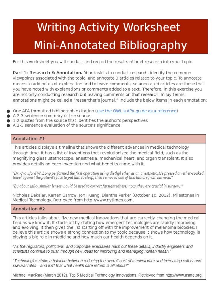 Writing Activity Worksheet Mini-Annotated Bibliography | PDF | Medicine ...
