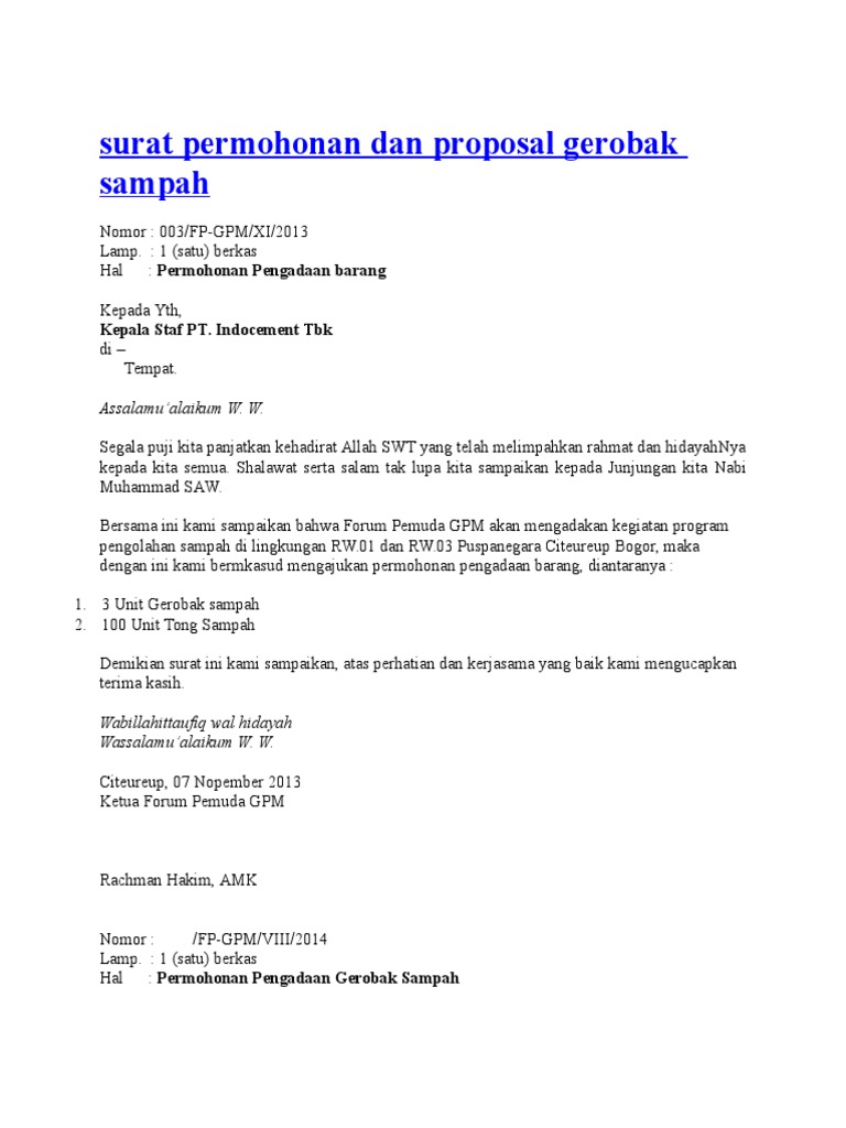 Surat Permohonan Dan Proposal Gerobak Sampah | PDF Surat Permohonan Dan Proposal Gerobak Sampah | PDF