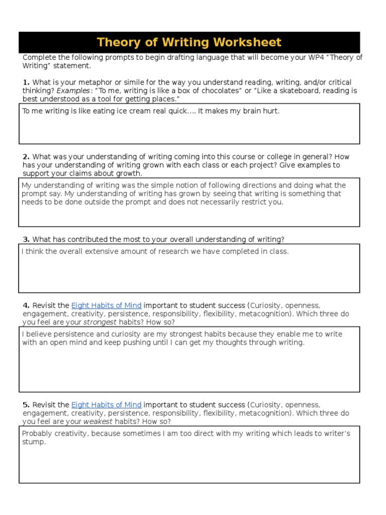 Theory of Writing Worksheet: Eight Habits of Mind | PDF | Reading ...