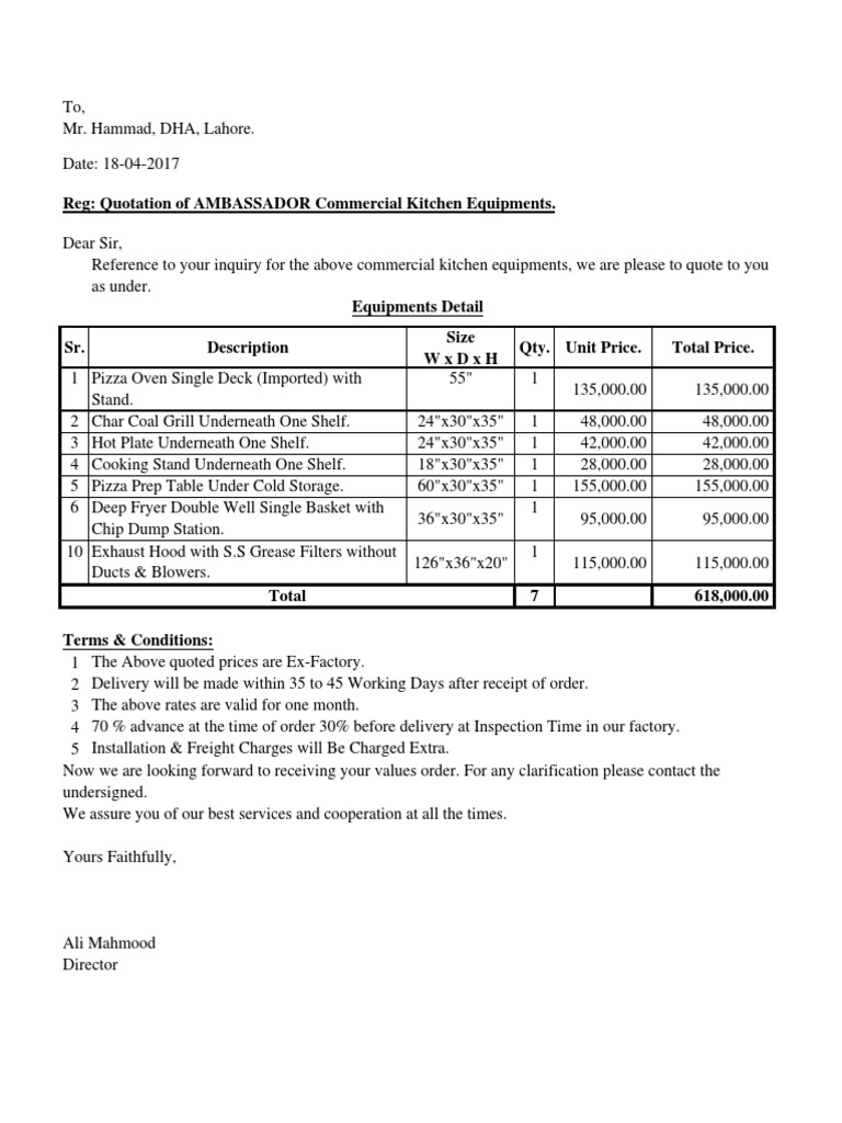 Reg: Quotation of AMBASSADOR Commercial Kitchen Equipments | PDF