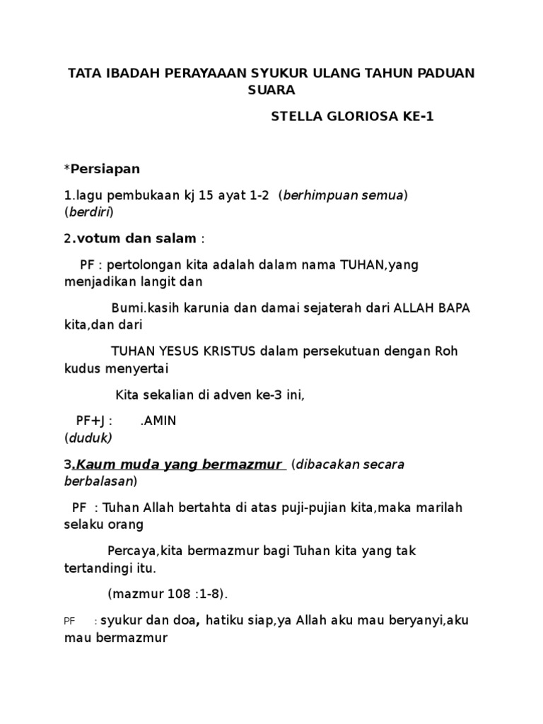 Tata Ibadah Perayaaan Syukur Ulang Tahun Paduan Suara Stella Gloriosa | PDF Tata Ibadah Perayaaan Syukur Ulang Tahun Paduan Suara Stella Gloriosa | PDF