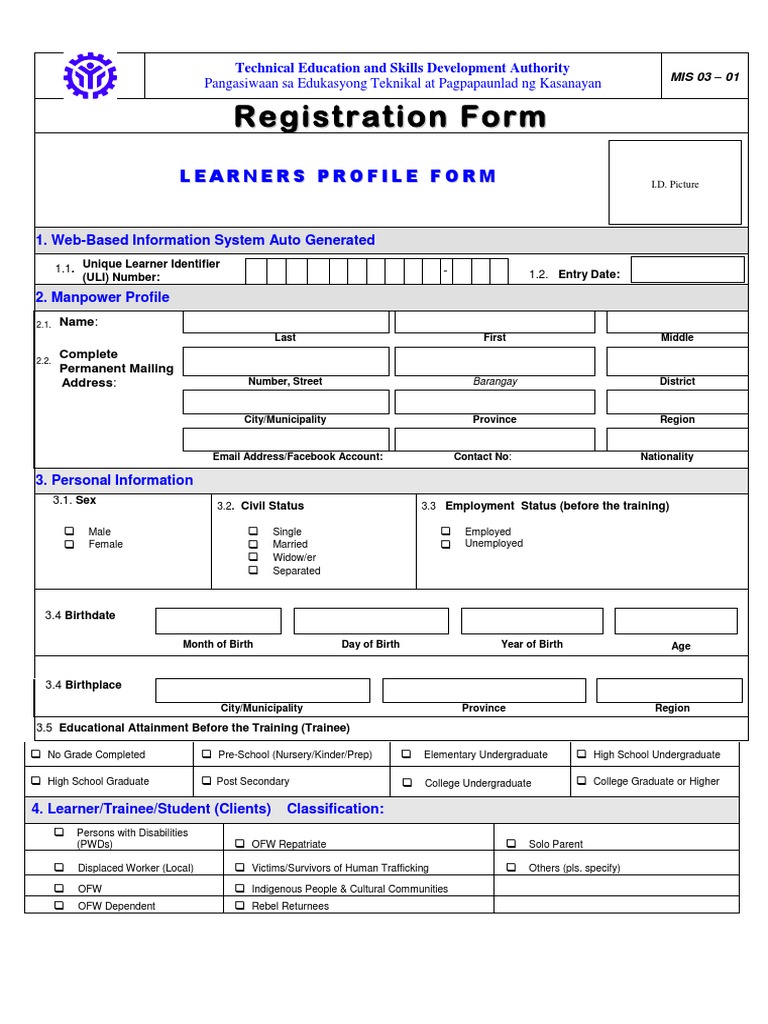 Registration Form MIS 03 01 Trainees Profile Form | Secondary School ...