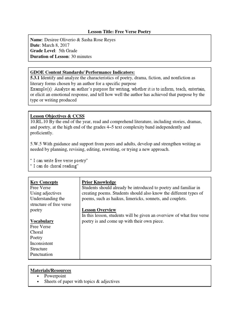 Free Verse Poetry Lesson Plan by Desiree Oliverio and Sasha Rose Reyes ...