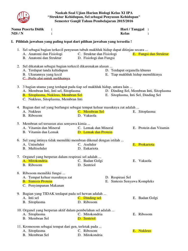 Naskah Soal Uh 1 Struktur Sel PDF | PDF
