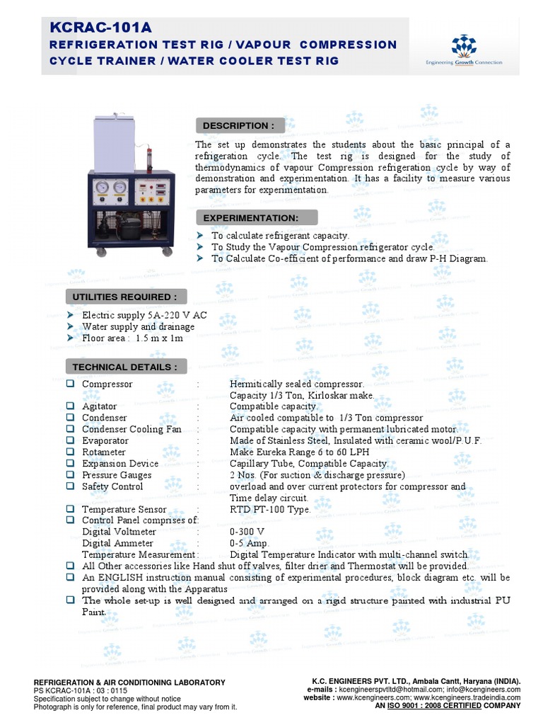 Refrigeration Test Rig | PDF | Gas Compressor | Refrigeration