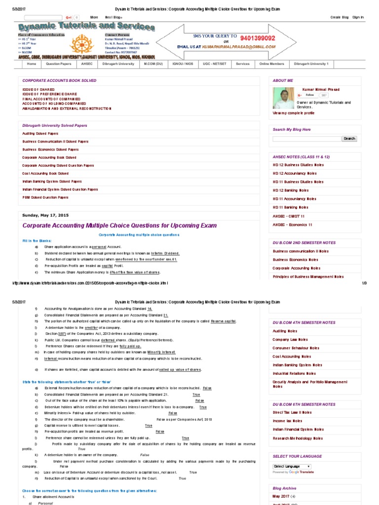 Dynamic Tutorials and Services - Corporate Accounting Multiple Choice Questions For Upcoming ...
