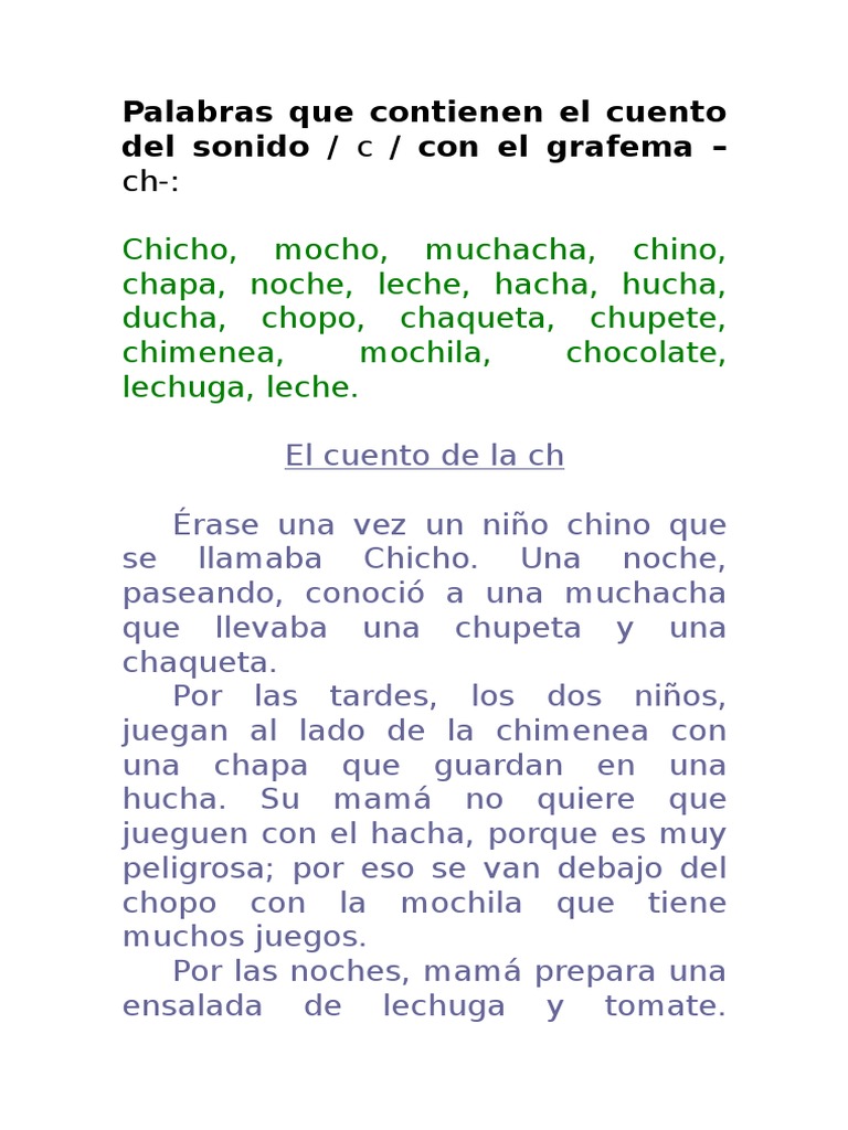 Cuento corto sobre la letra ch | PDF