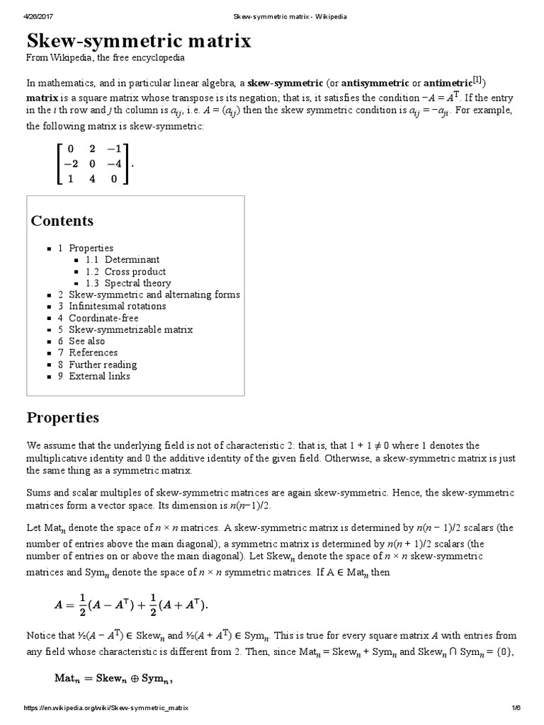 Skew Symmetric Matrix Wikipedia Matrix Mathematics Determinant