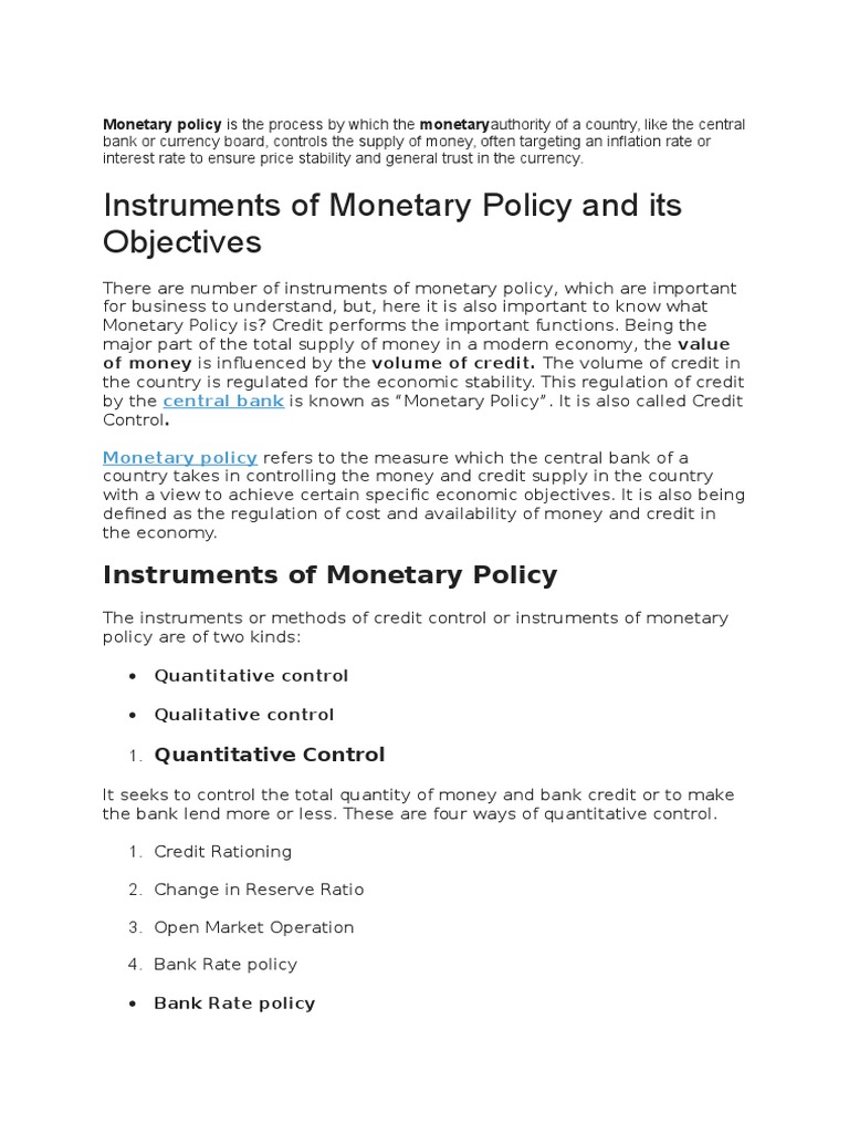 Instruments of Monetary Policy and its Objectives | PDF | Monetary ...