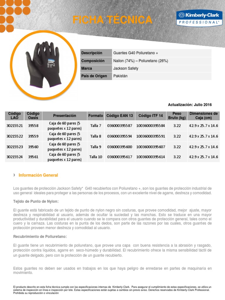 Ficha Tecnica G40 Poliuretano PU | Guante | Poliuretano