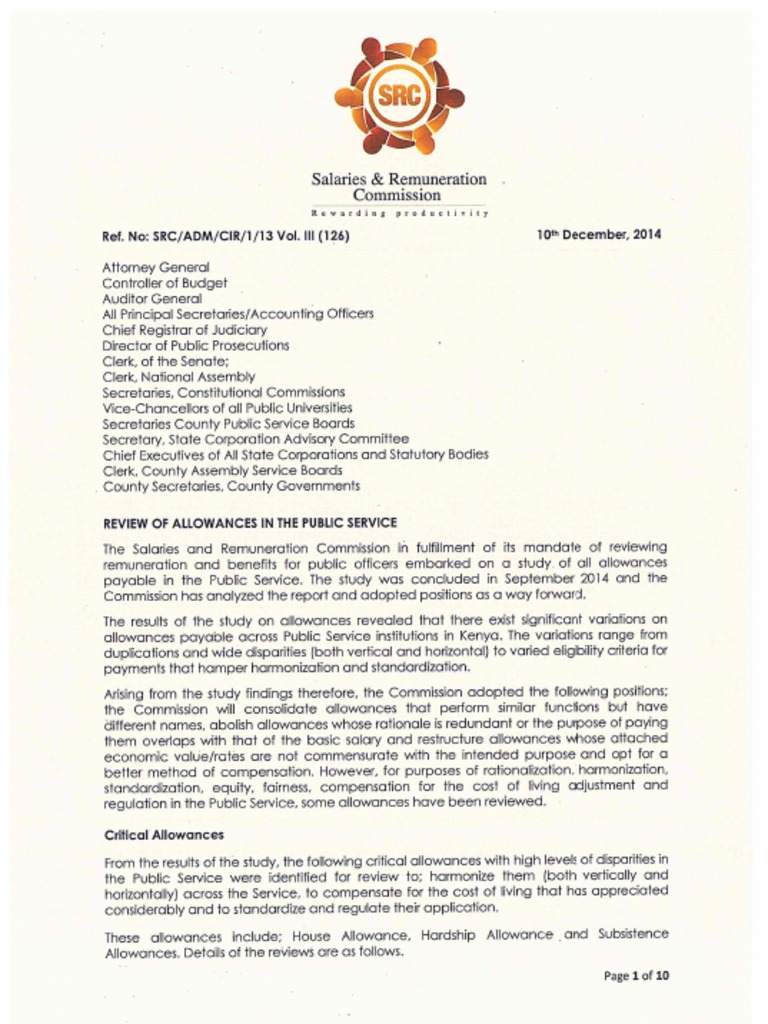 SRC Circular On Allowances in The Public Service PDF | PDF