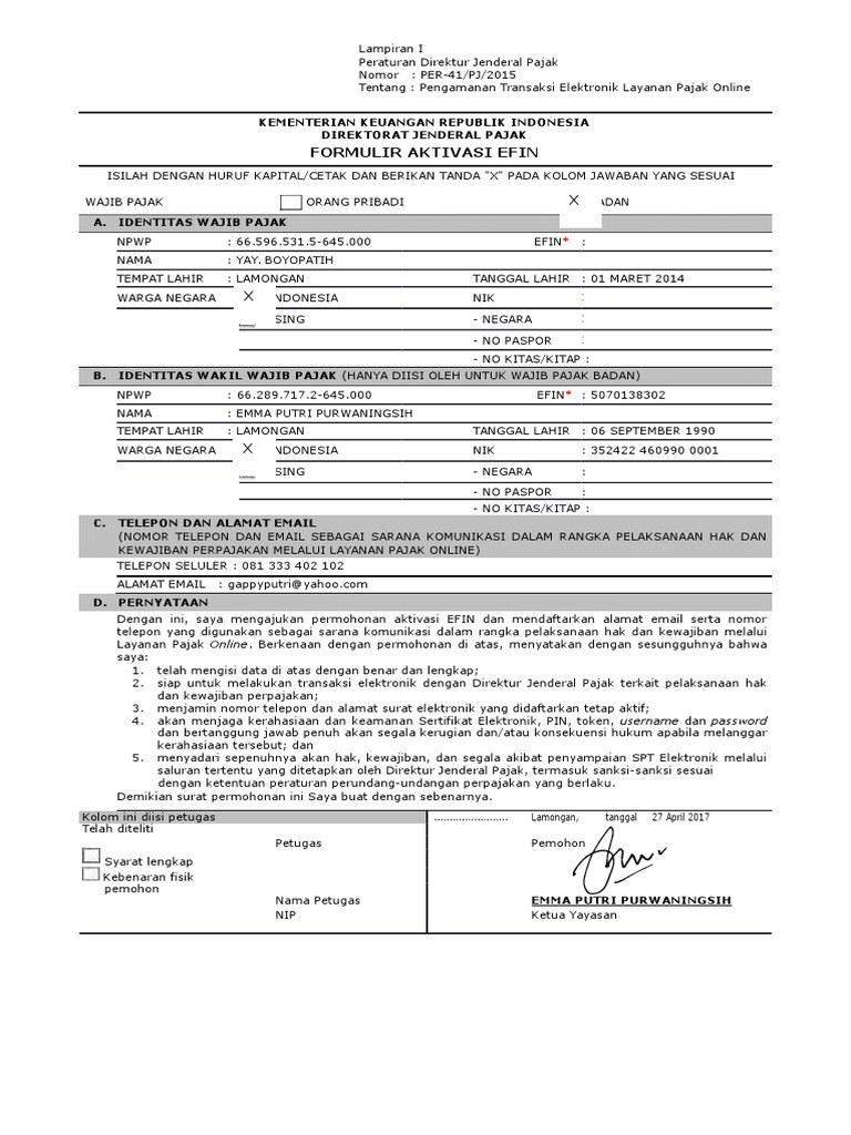 Form Aktivasi Efin | PDF