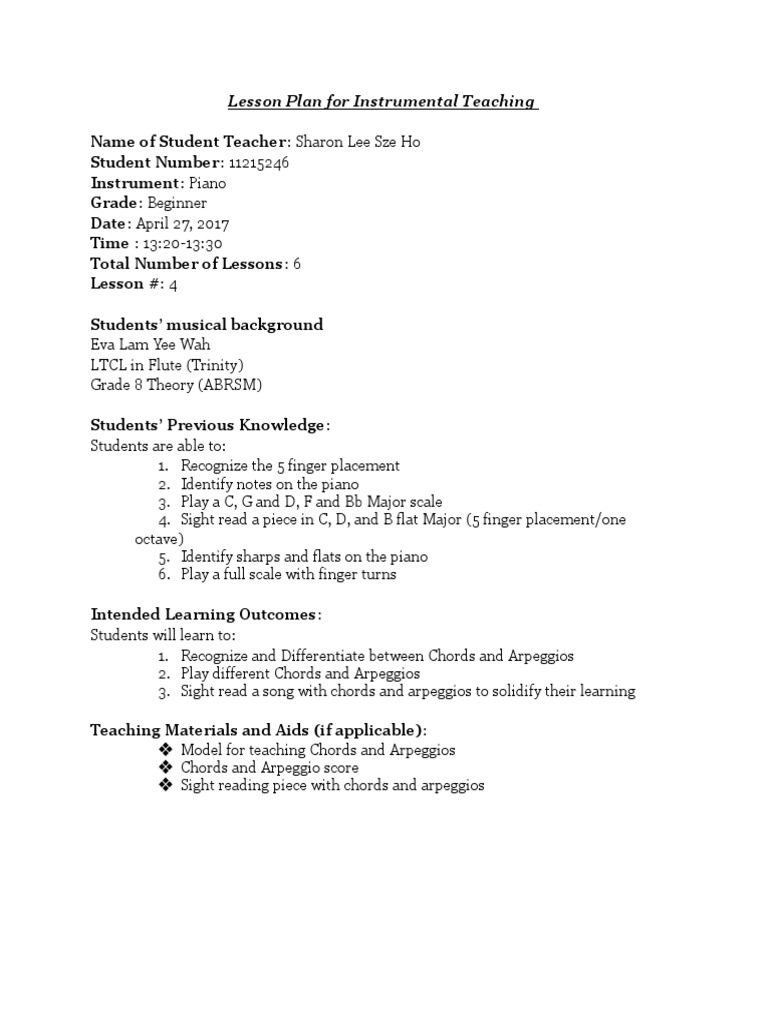 Lesson Plan For Instrumental Teaching | PDF | Chord (Music) | Piano
